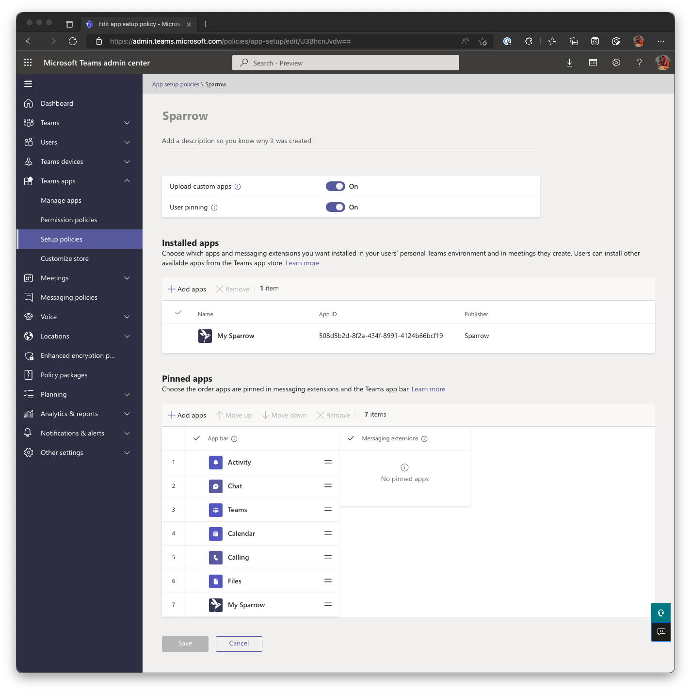 How do I unpin the Sparrow App from Microsoft Teams?